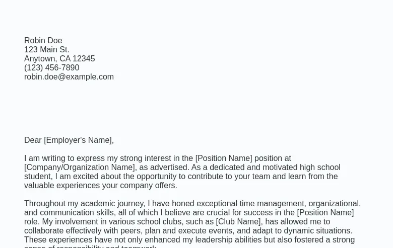 Cover Letter Example (2023): High School Students Jobs - Ziprecruiter