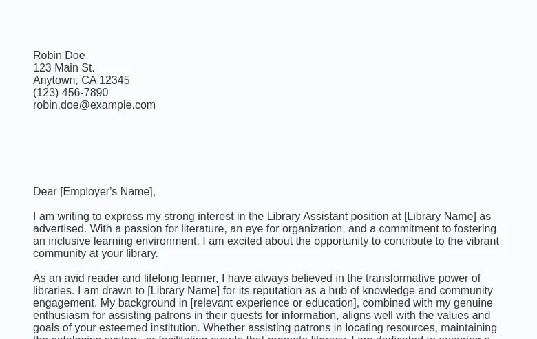 Cover Letter Example (2023): Library Assistant Jobs (Free) - Ziprecruiter