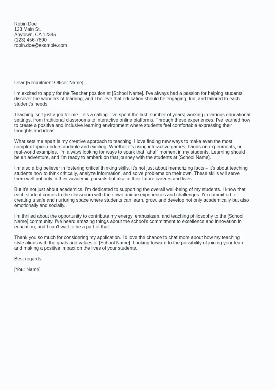 Cover Letter Example (2023): Teacher Jobs (Free Download) - Ziprecruiter