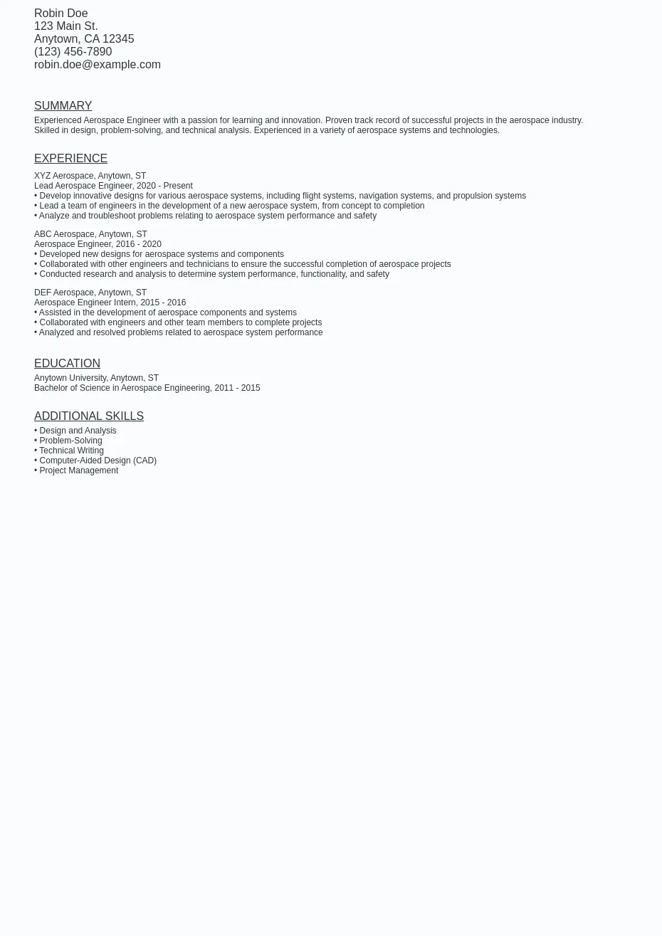 Aerospace Engineer Resume Sample