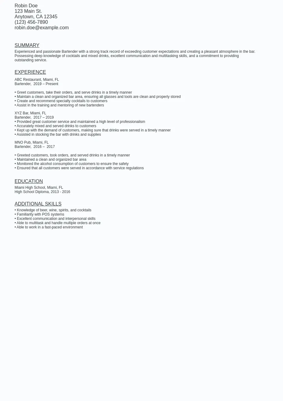 Bartender Resume Sample Template (Free Download) - Ziprecruiter