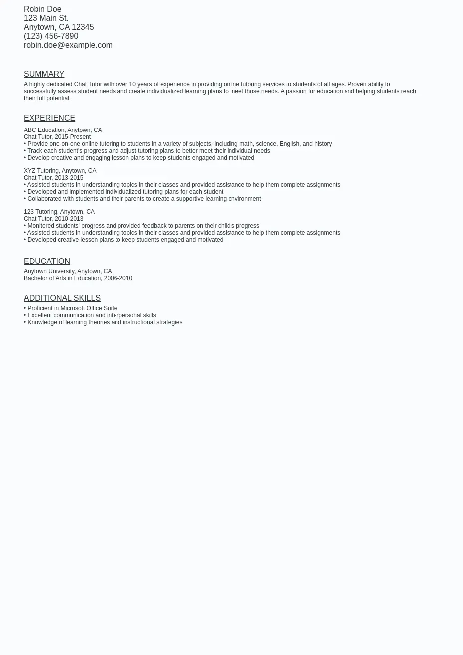 Chat Tutor Resume Sample Template (Free Download) - Ziprecruiter