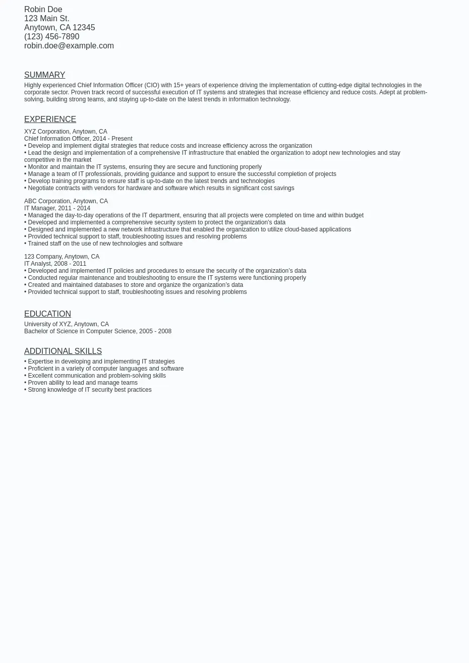 Cio Resume Sample