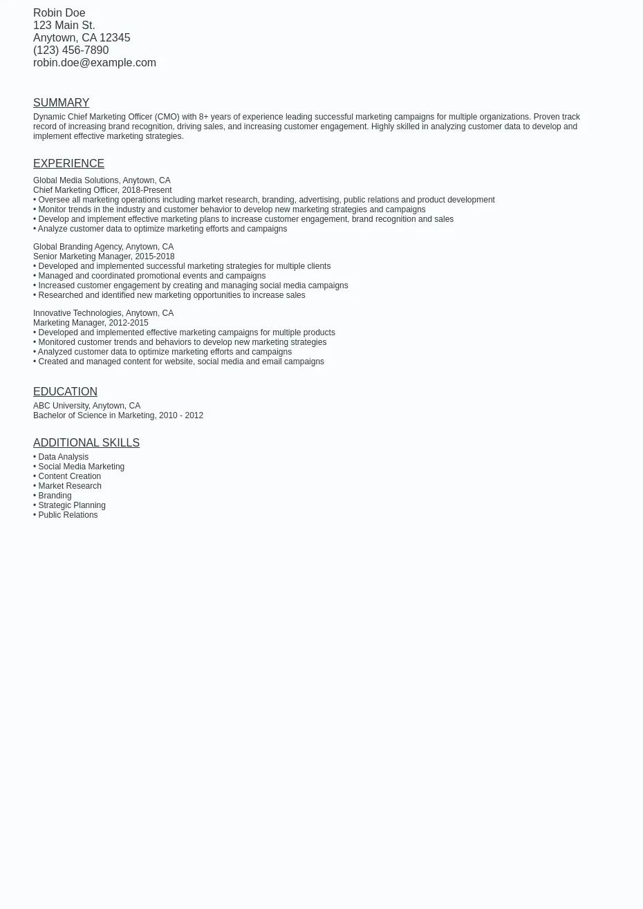 Chief Marketing Officer (CMO) Resume Sample Template (Free) - Ziprecruiter
