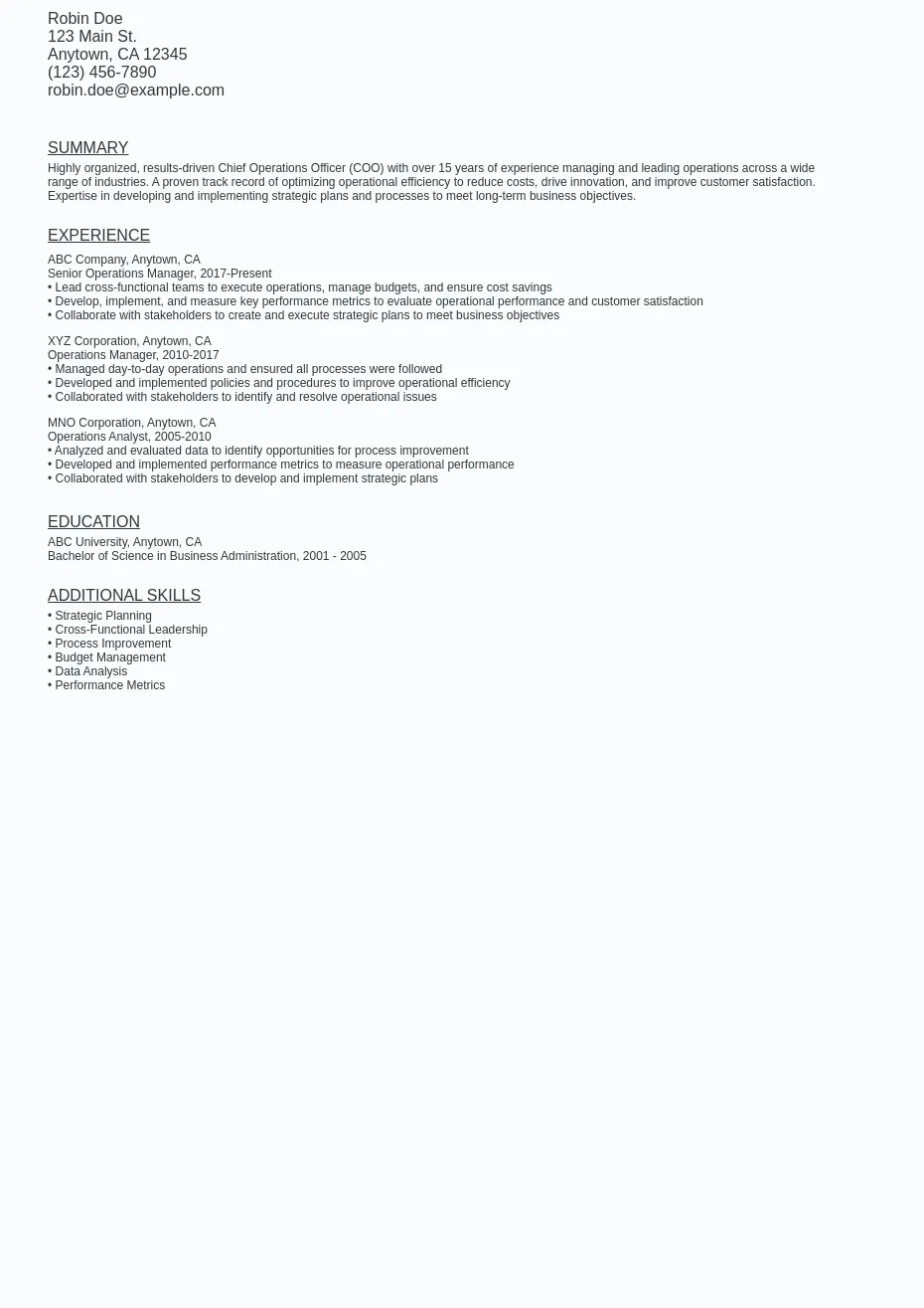 Chief Operations Officer Resume Sample Template (Free) - Ziprecruiter