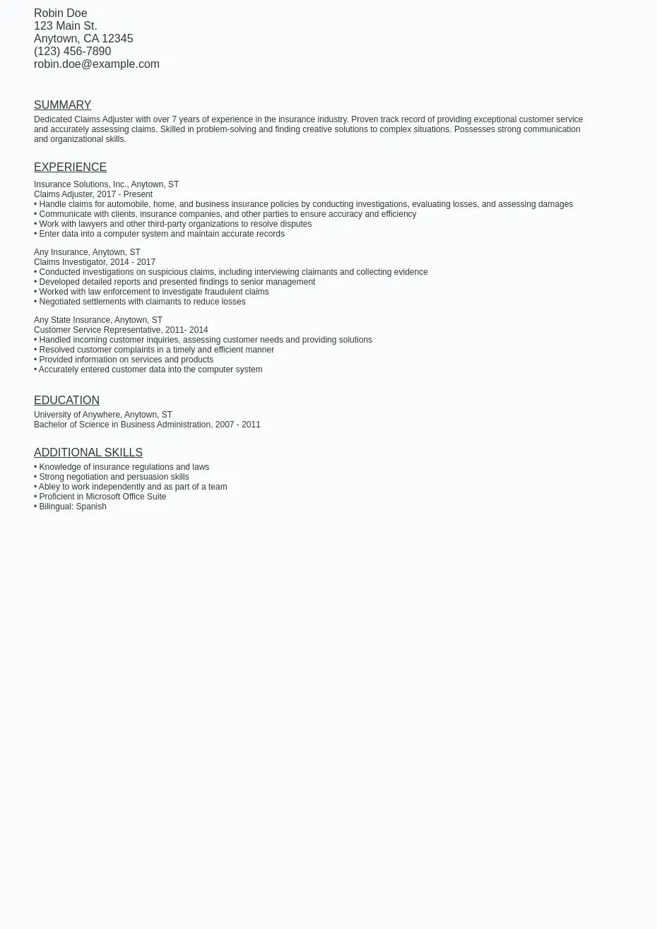 Claims Adjuster Resume Sample Template (Free Download) - Ziprecruiter