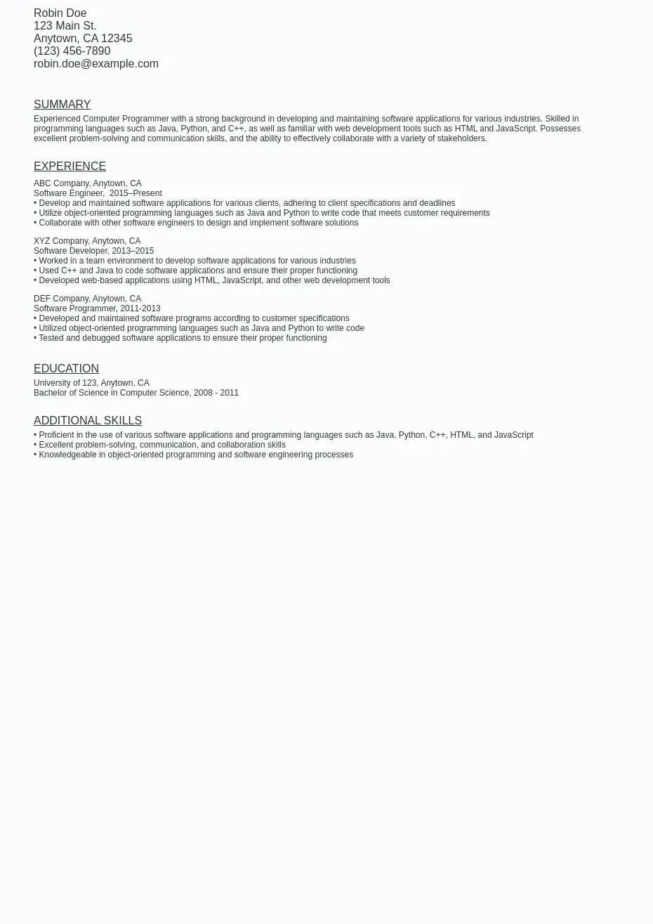 Computer Programmer Resume Sample Template (Free Download) - Ziprecruiter