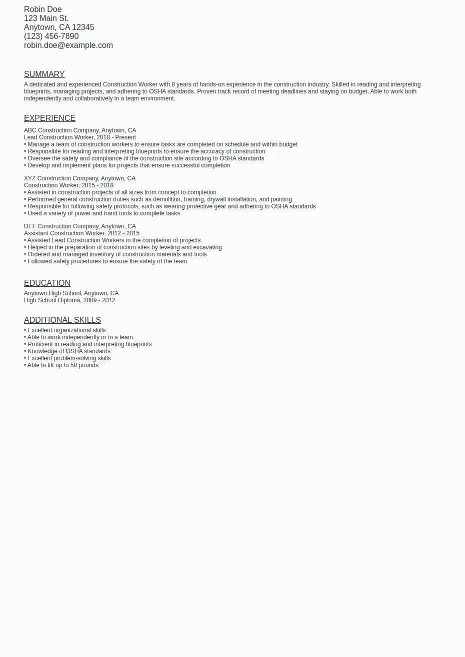 Construction Resume Sample Template (Free Download) - Ziprecruiter