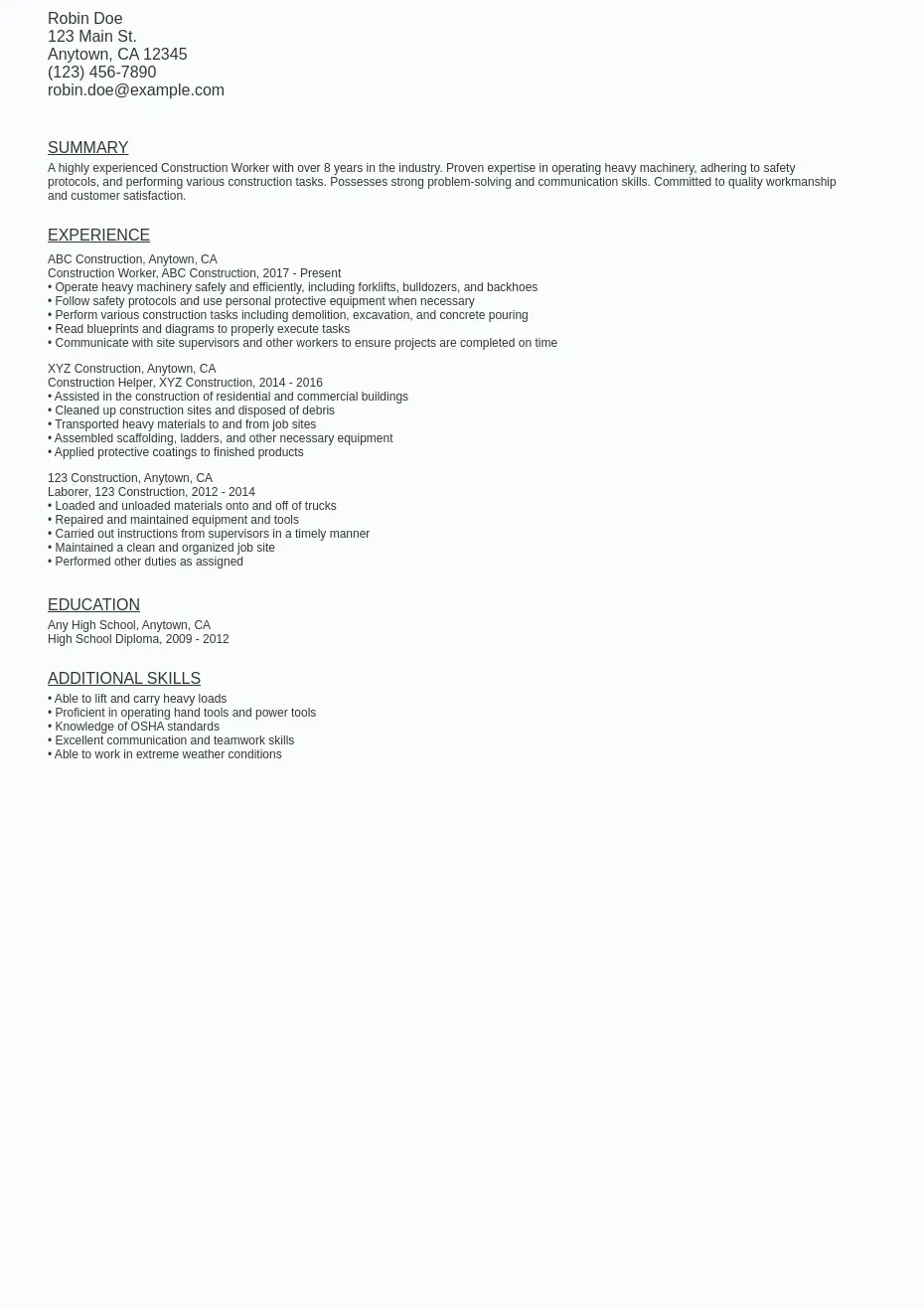 Construction Worker Resume Sample Template (Free Download) - Ziprecruiter