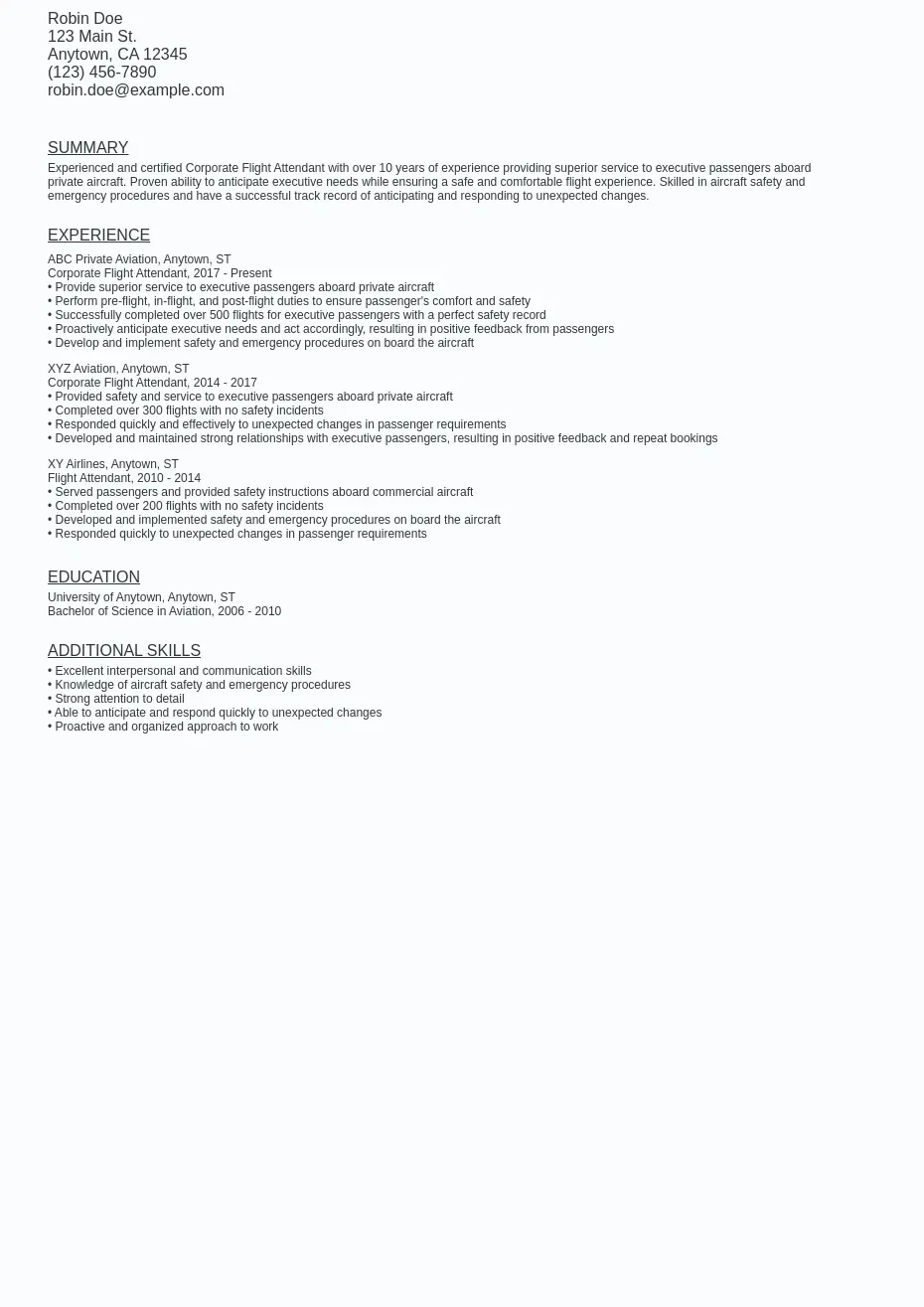 Corporate Flight Attendant Resume Sample Template (Free) - Ziprecruiter
