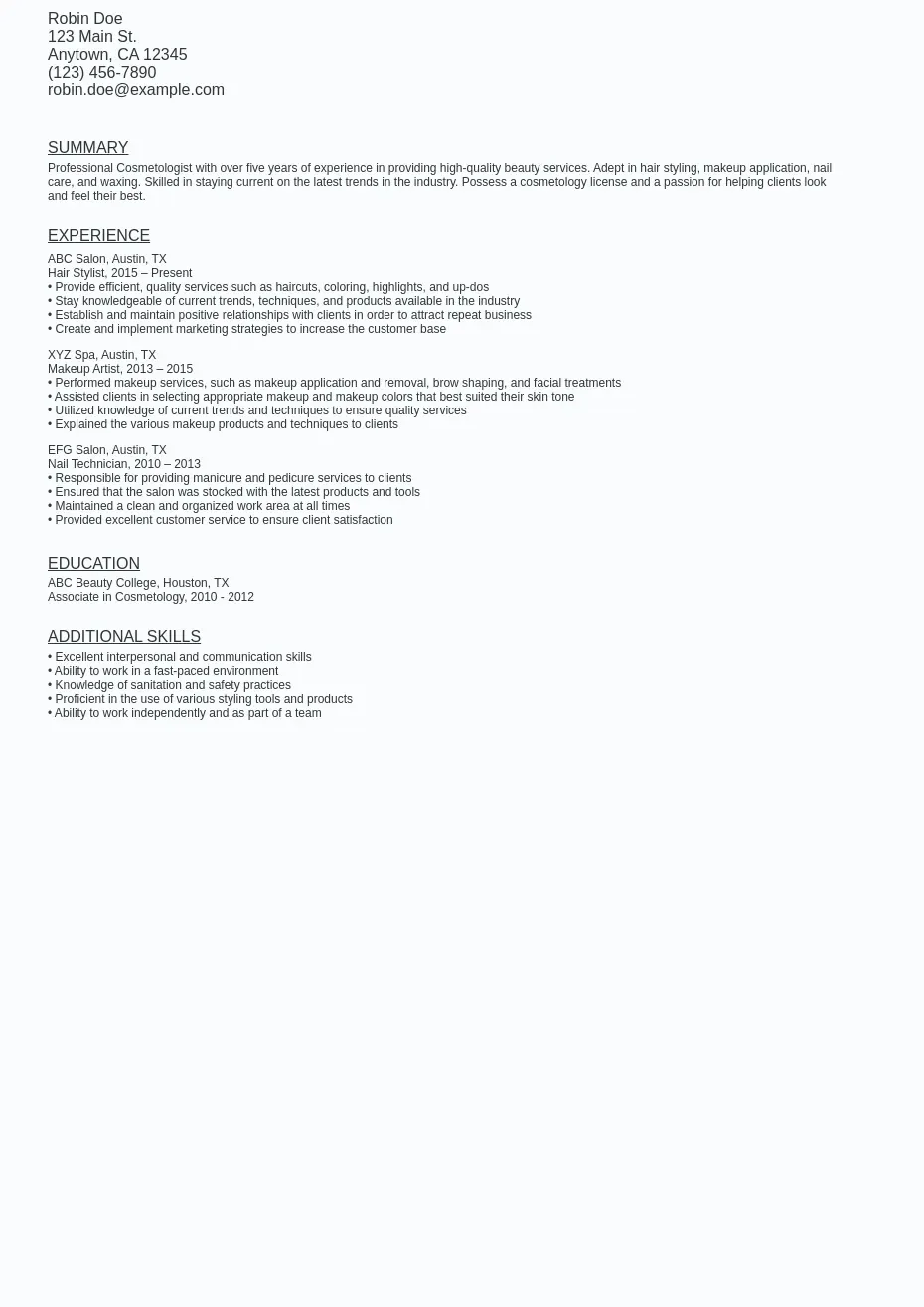 Cosmetology Resume Sample Template (Free Download) - Ziprecruiter