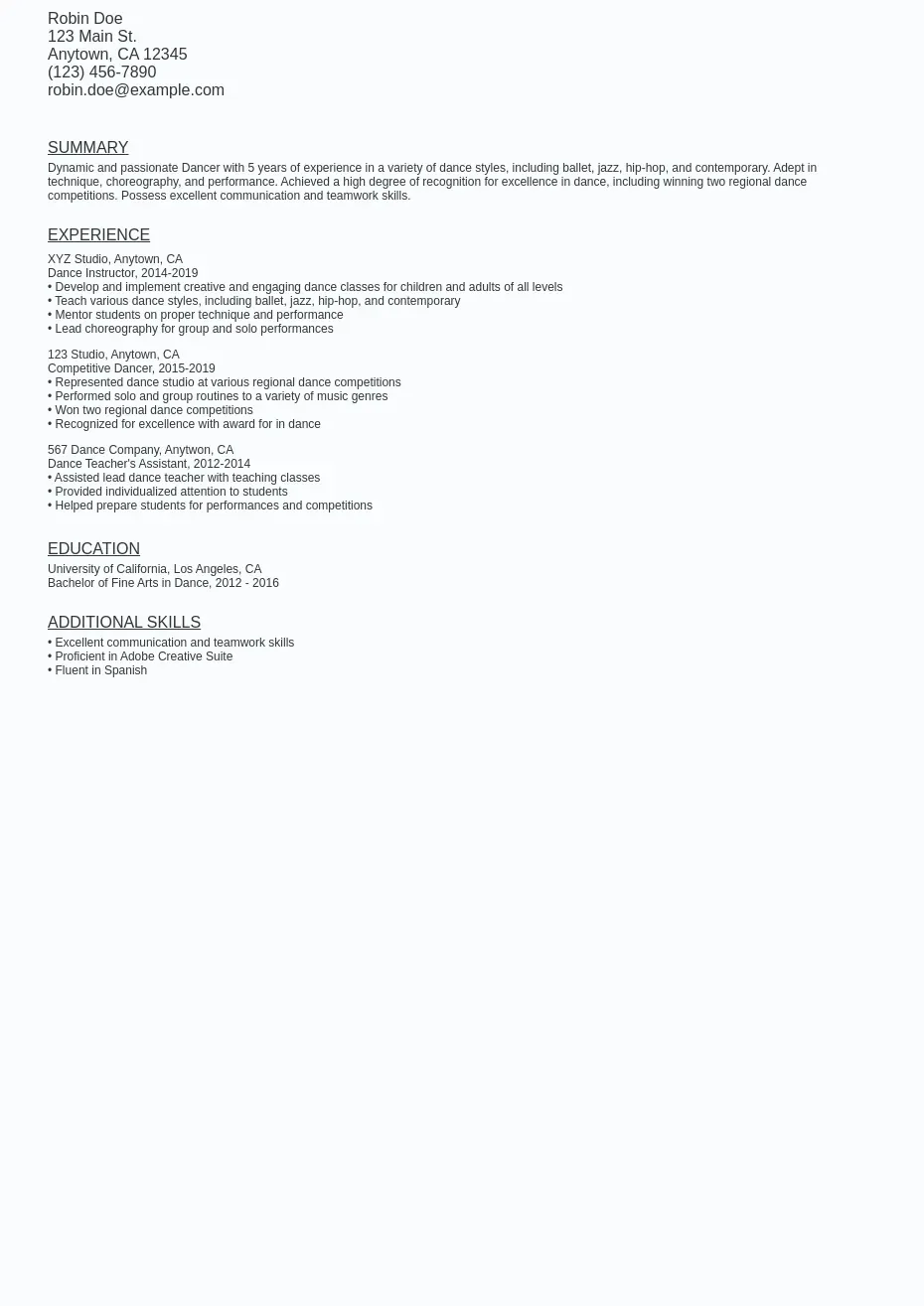 Dancer Resume Sample Template (Free Download) - Ziprecruiter