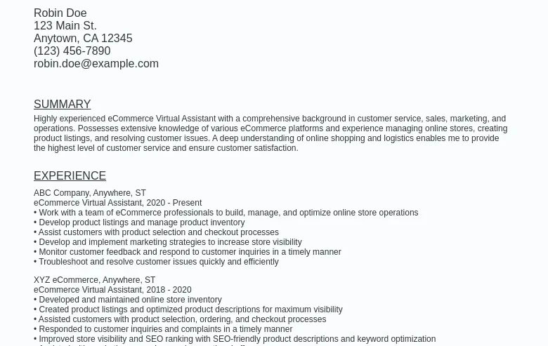 E-Commerce Virtual Assistant Resume Sample Template (Free) - Ziprecruiter