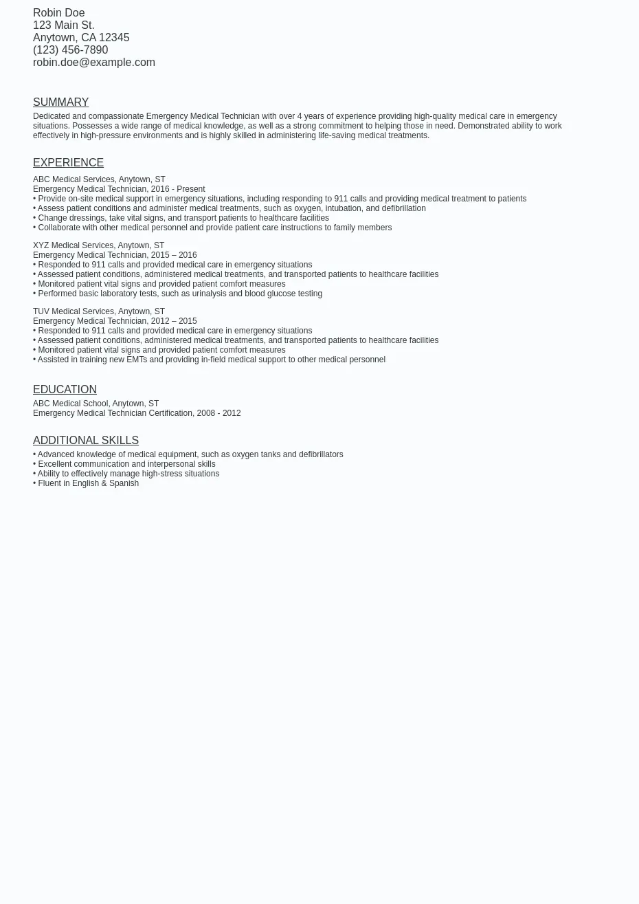 Emergency Medical Technician (EMT) Resume Sample Template (Free ...