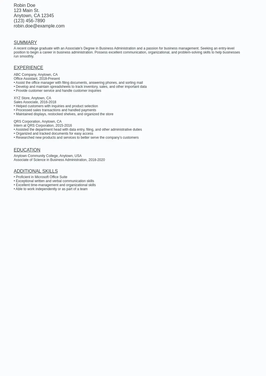 Entry-Level Business Administration Degree Resume Template - Ziprecruiter