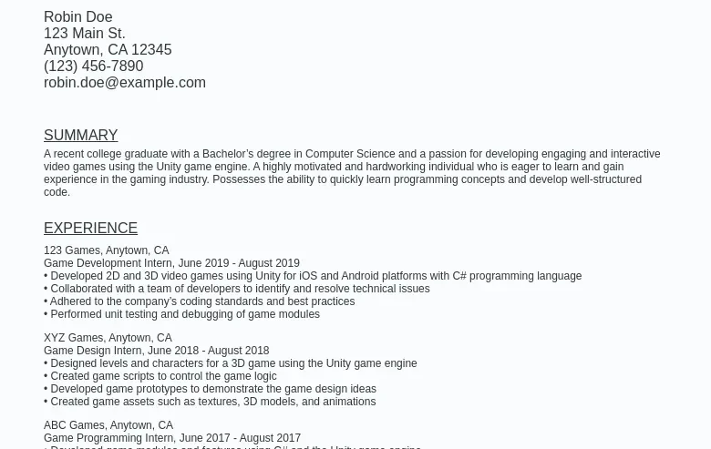 Entry Level Unity Developer Resume Sample Template Free Ziprecruiter