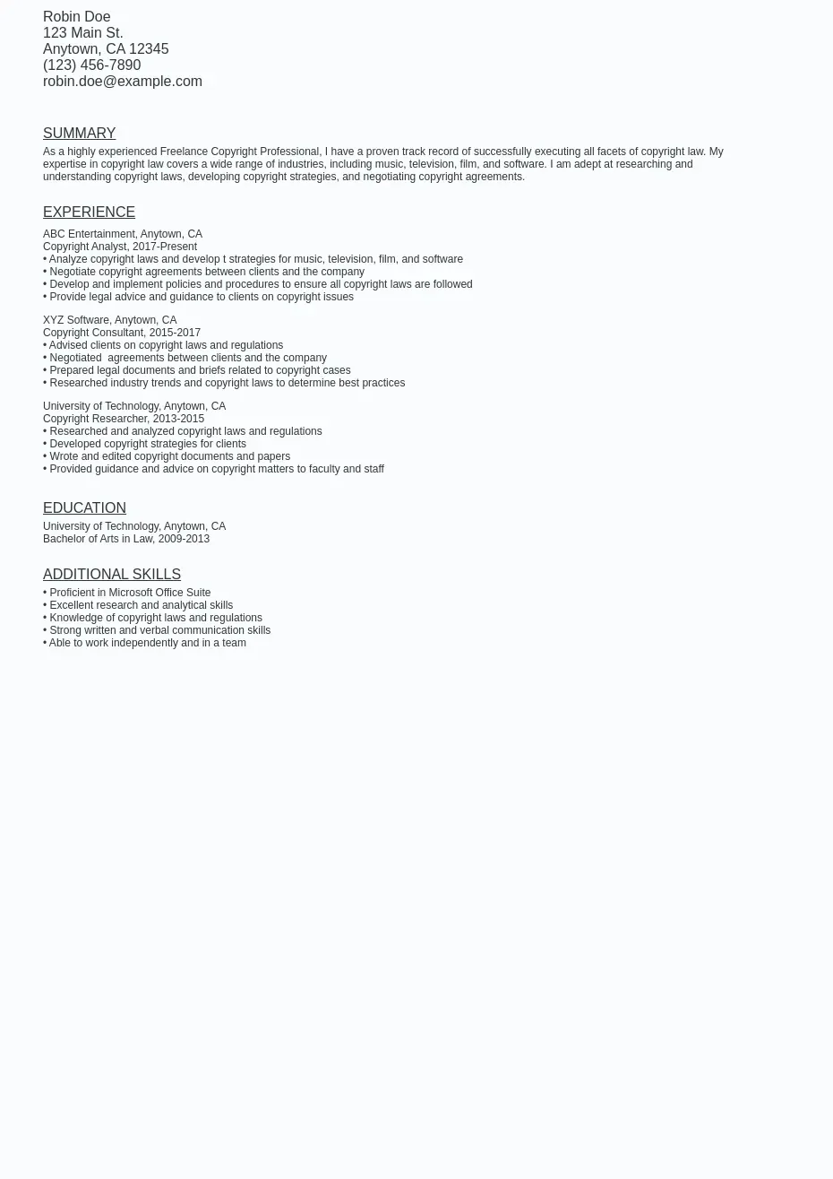 Freelance Copyright Professional Free Resume Sample Template - Ziprecruiter