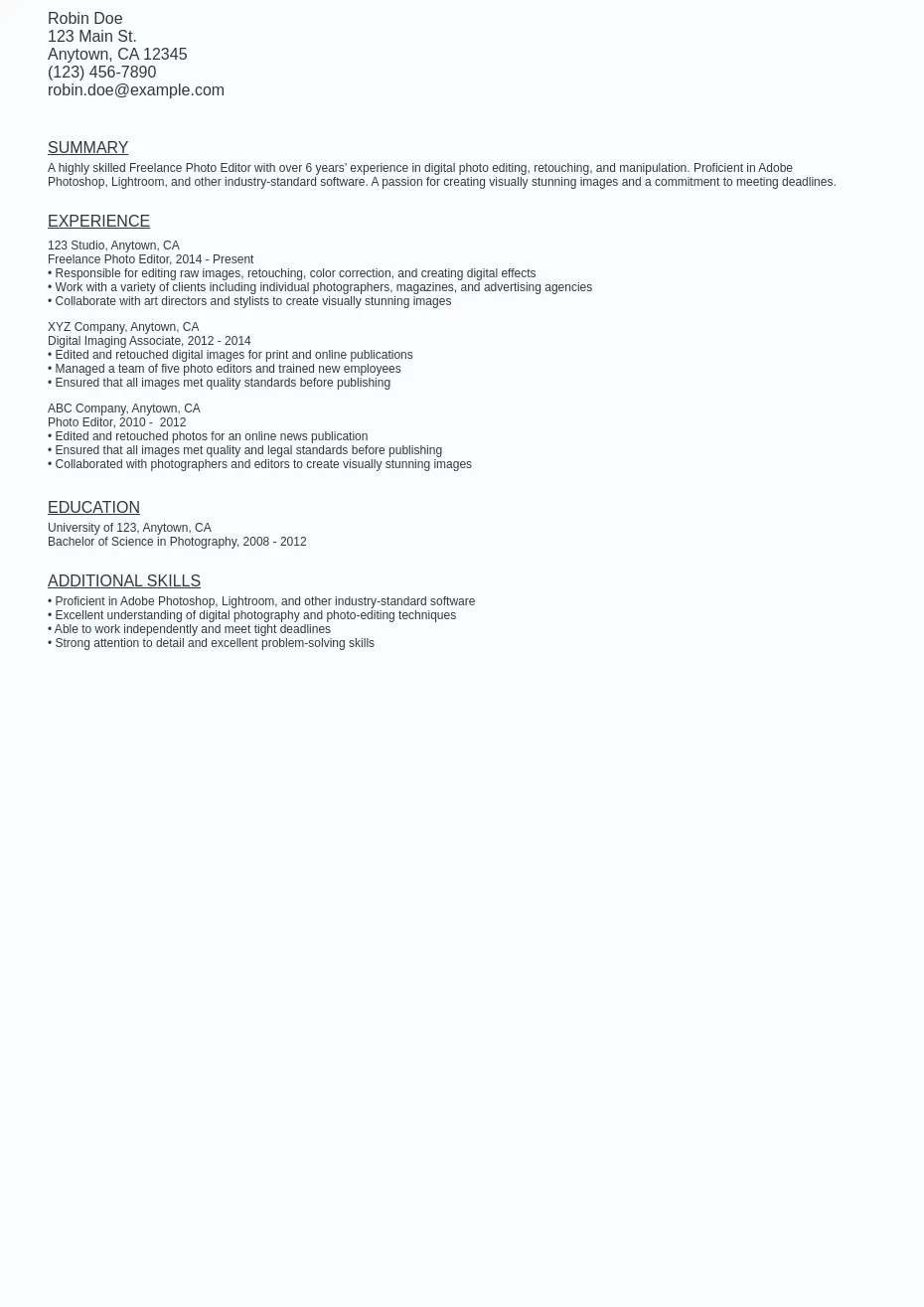 Freelance Photo Editor Resume Sample Template: Free Download - Ziprecruiter