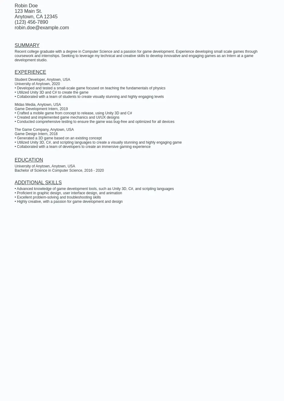 Game Developer Intern Resume Sample Template (Free Download) - Ziprecruiter