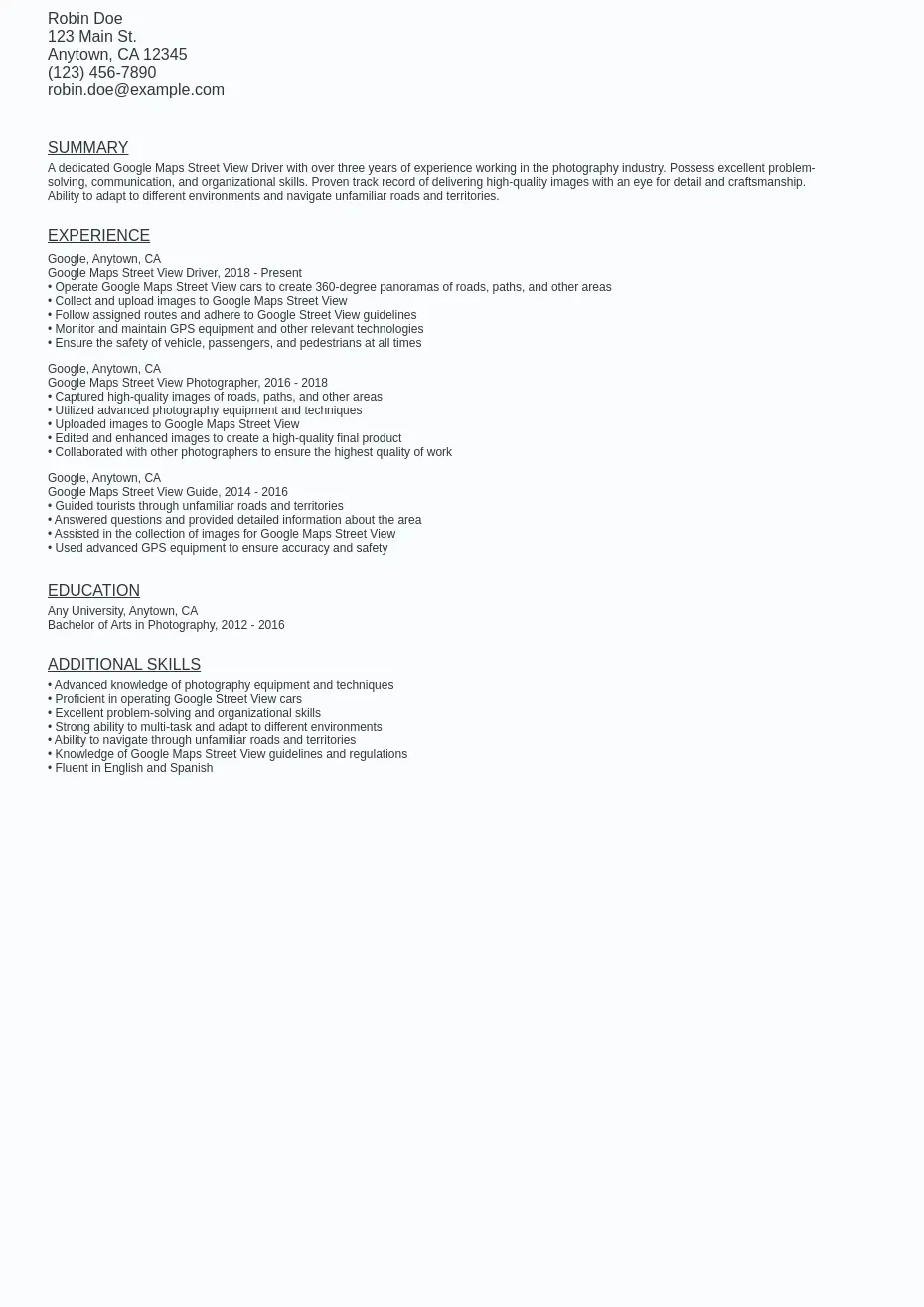 Google Maps Street View Driver Resume Sample Template (Free) - Ziprecruiter