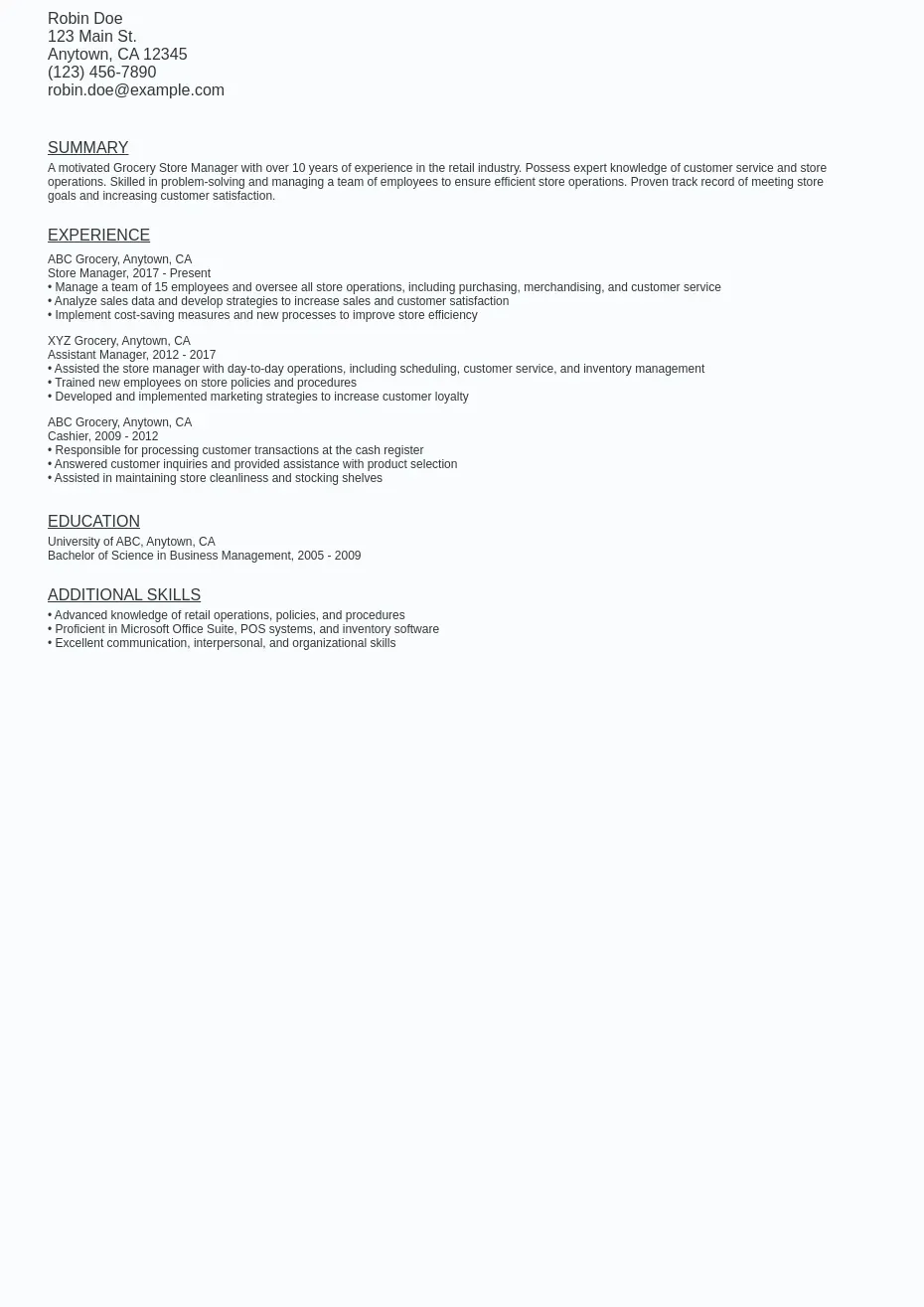 Grocery Store Manager Resume Sample Template (Free Download) - Ziprecruiter