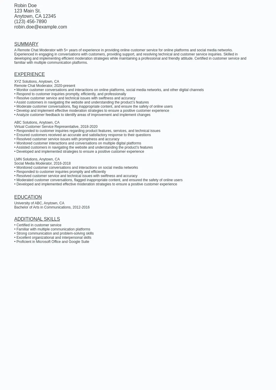Home Based Chat Moderator Resume Sample Template (Free) - Ziprecruiter