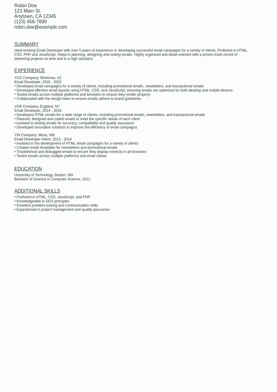 HTML Email Developer Resume Sample Template (Free Download) - Ziprecruiter