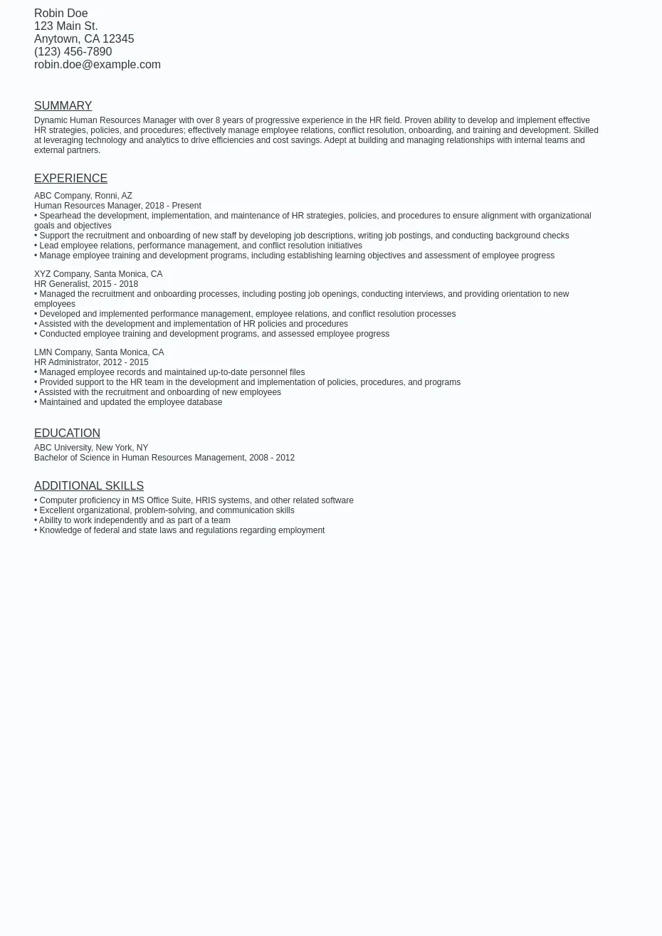 Human Resources Sample Resume