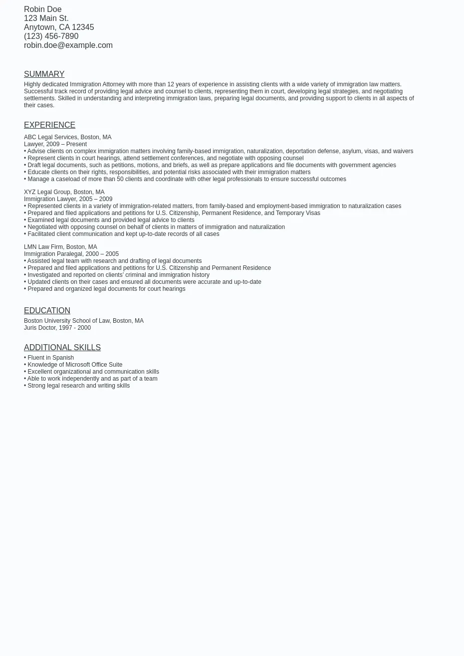 Immigration Attorney Resume Sample Template (Free Download) - Ziprecruiter
