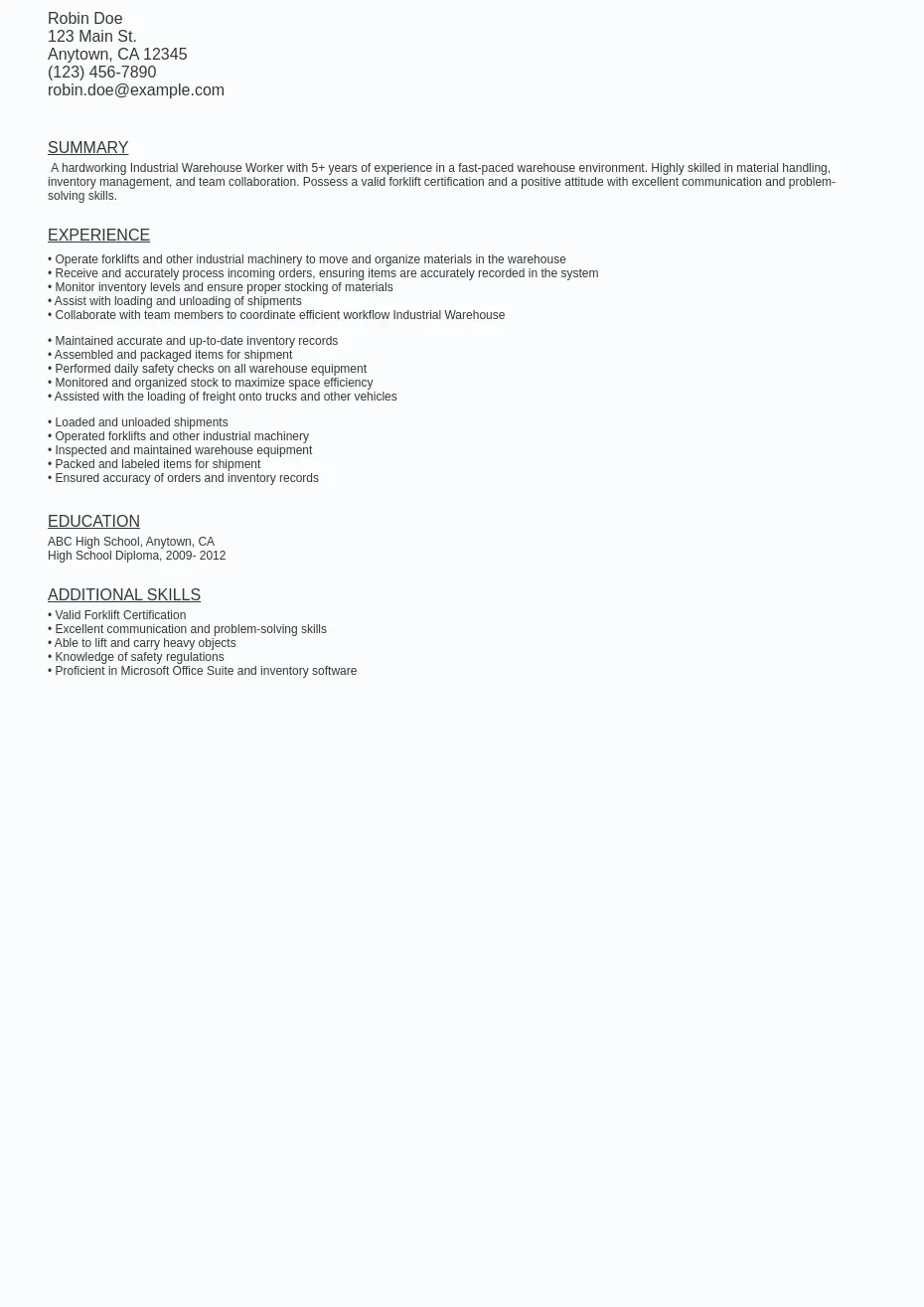 Industrial Warehouse Resume Sample Template (Free Download) - Ziprecruiter