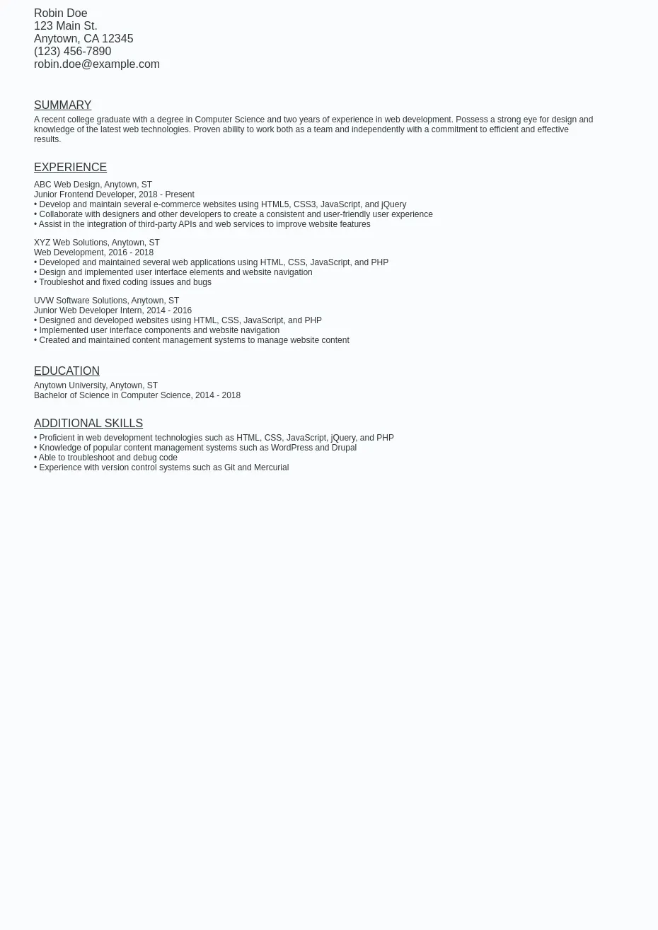Junior Frontend Developer Resume Sample Template (Free) - Ziprecruiter