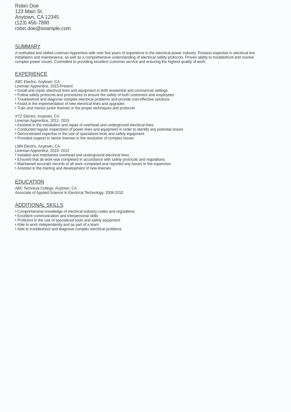 Resume For Electrical Lineman