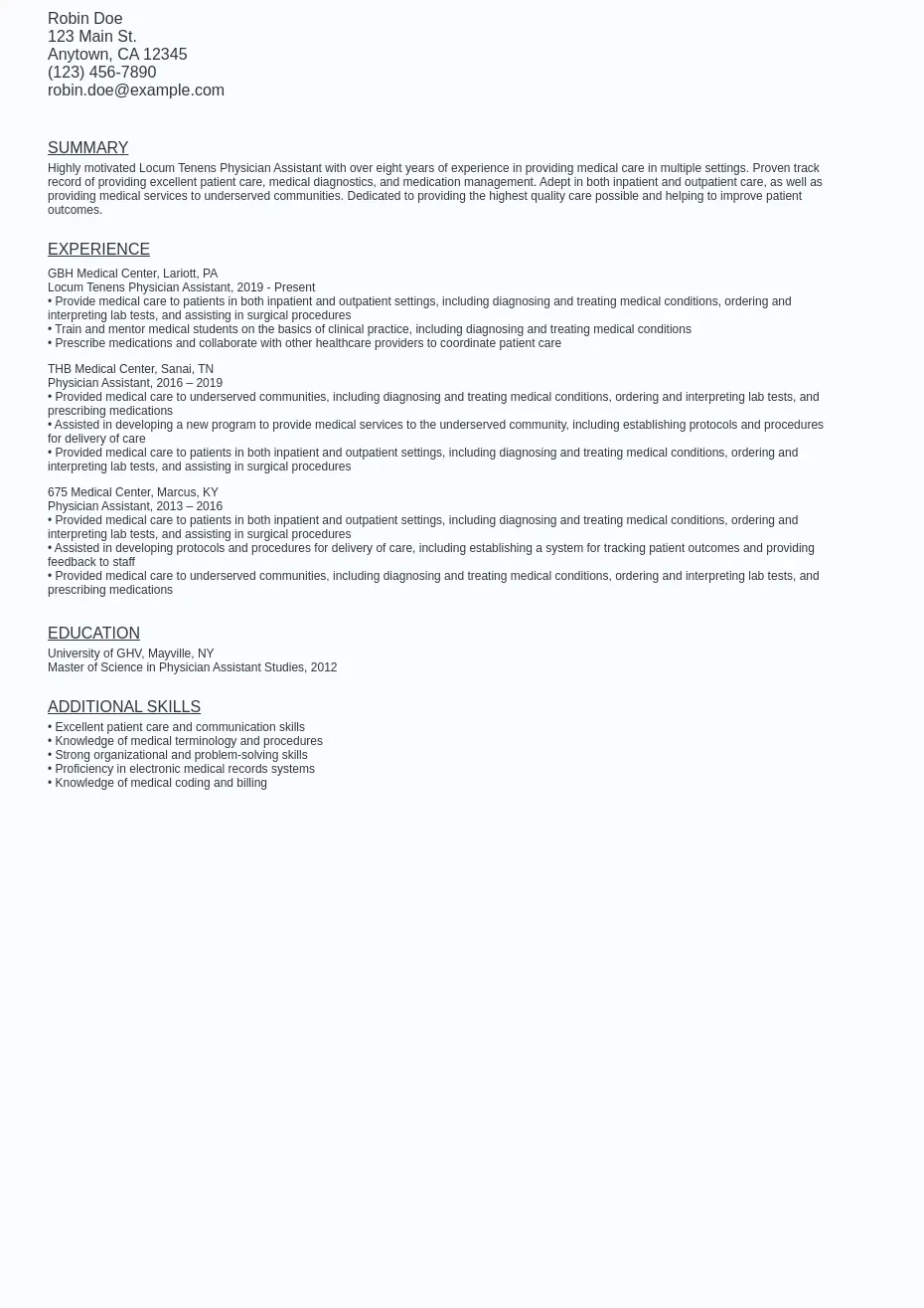 Physician Assistant Resume Sample