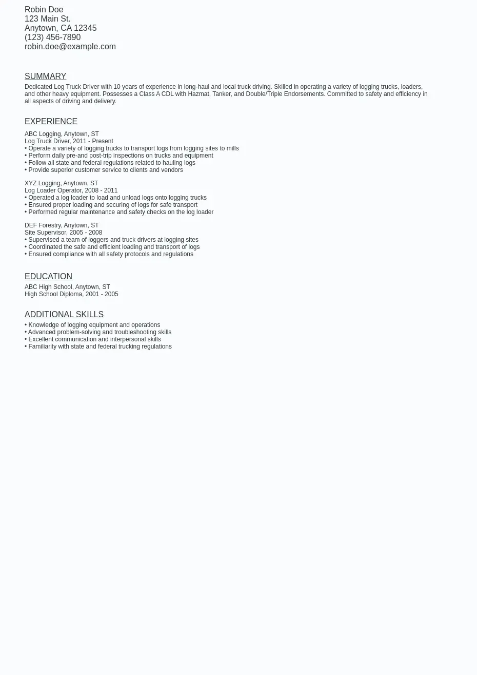 Log Truck Driver Resume Sample Template (Free Download) - Ziprecruiter