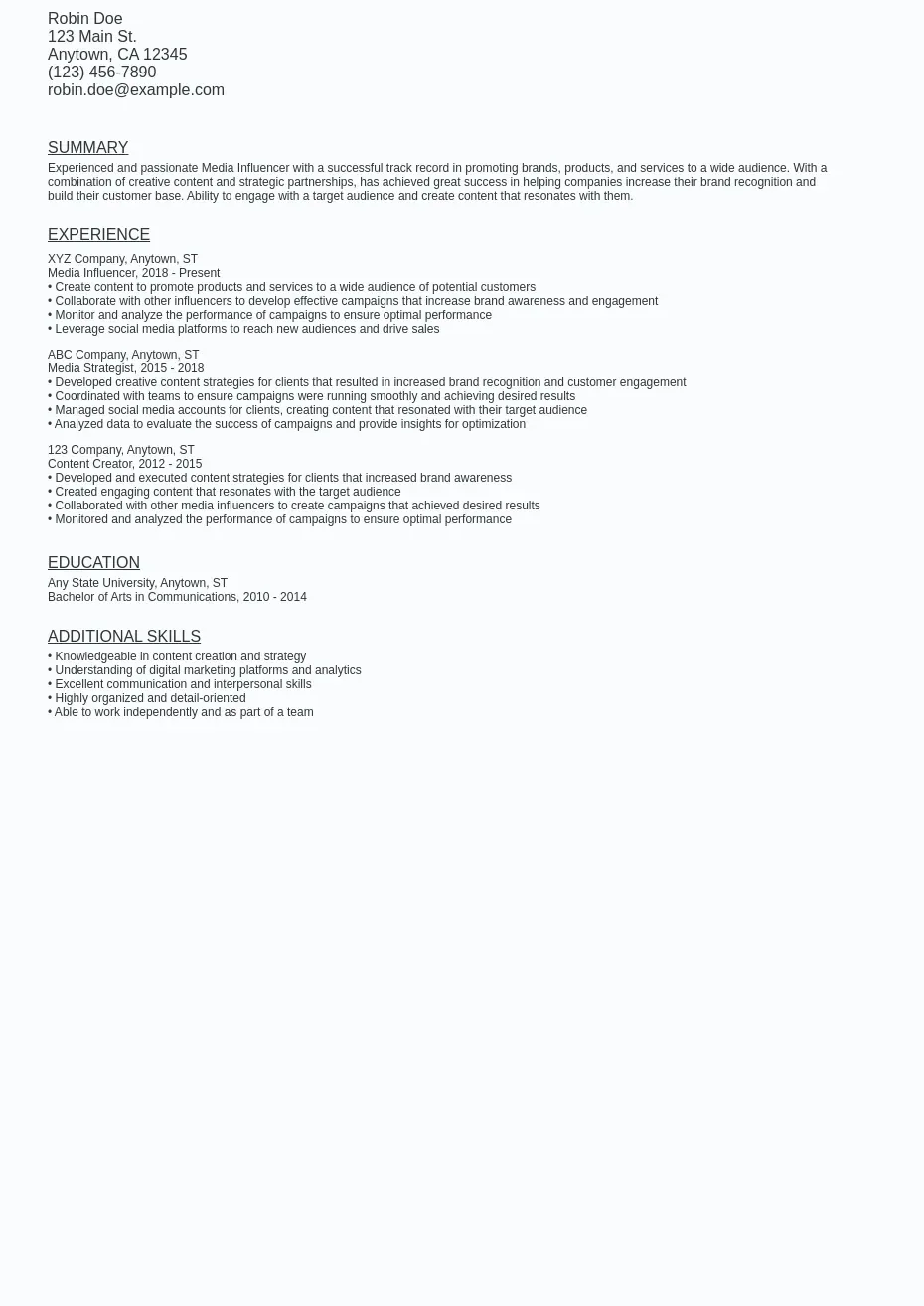 Media Influencer Resume Sample Template (Free Download) - Ziprecruiter