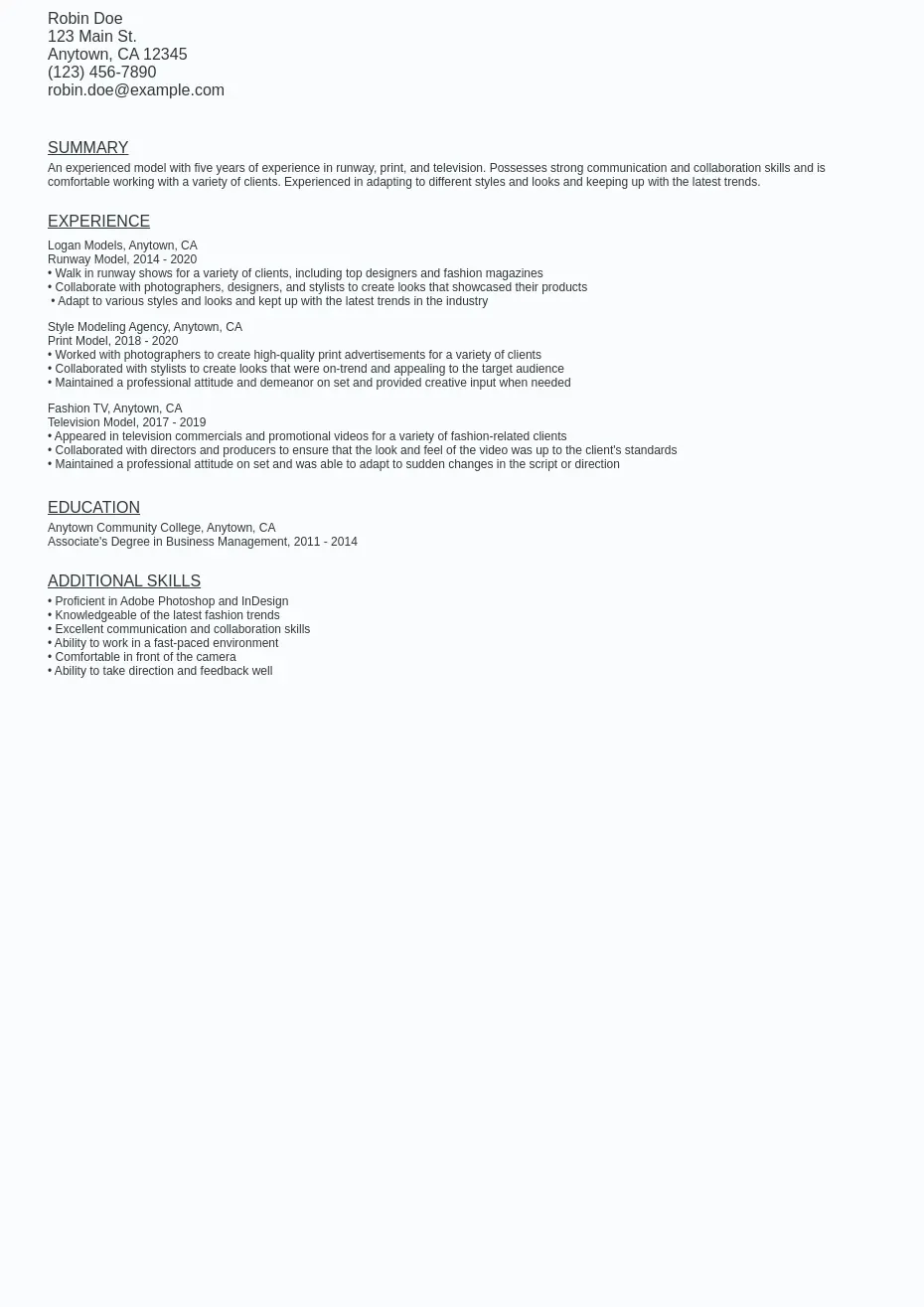 Model Resume Sample Template (Free Download) - Ziprecruiter