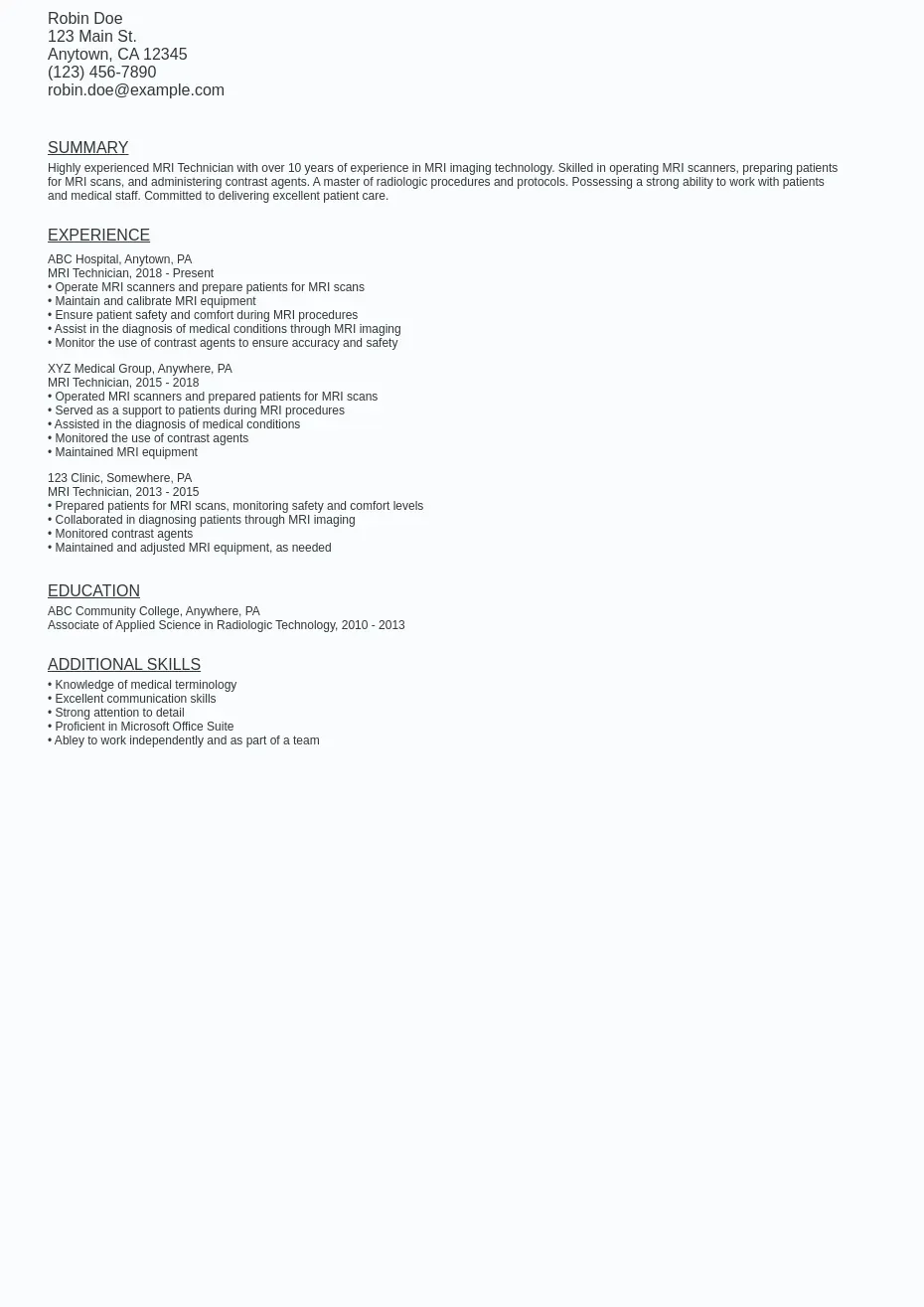 MRI Technician Resume Sample Template (Free Download) - Ziprecruiter