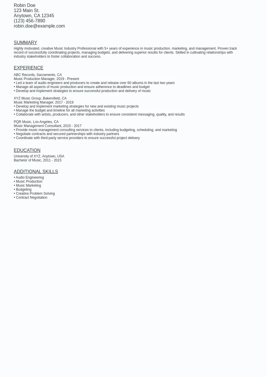 Music Industry Resume Sample Template (Free Download) - Ziprecruiter