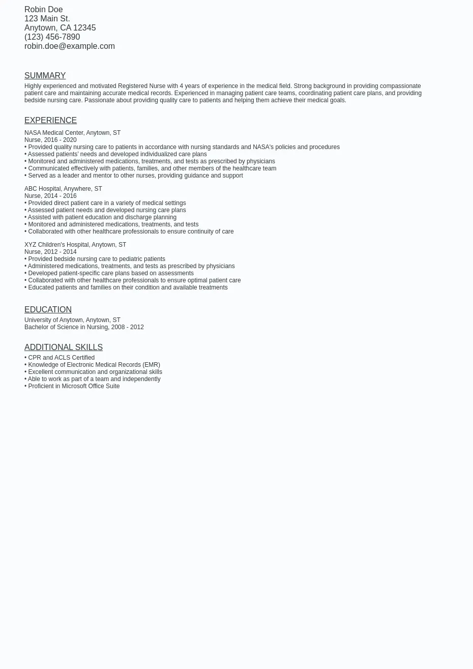 NASA Nurse Resume Sample Template (Free Download) - Ziprecruiter