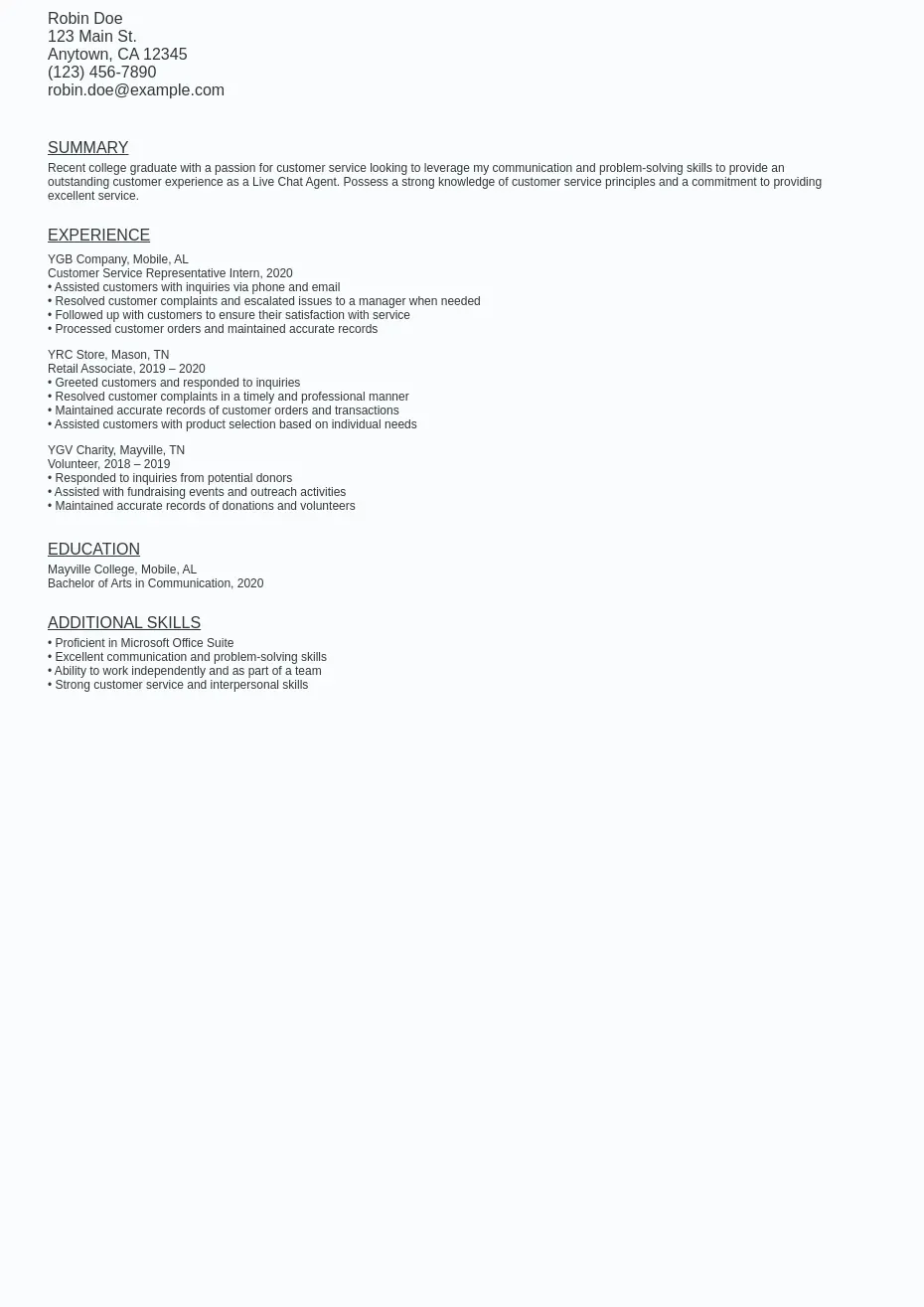 No Experience Live Chat Agent Resume Sample Template (Free) - Ziprecruiter