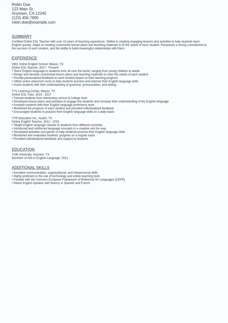 Online ESL Teacher Resume Sample Template (Free Download) - Ziprecruiter