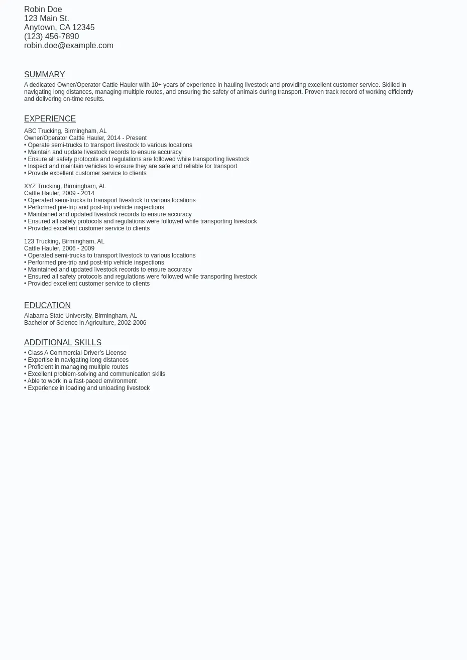 Owner-Operator Cattle Hauler Resume Sample Template (Free) - Ziprecruiter