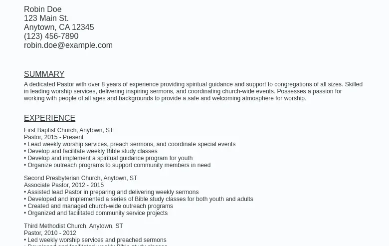 Lead Pastor Resume Sample