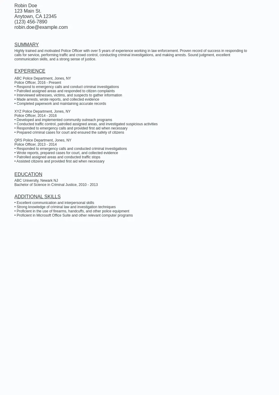 Police Officer Resume Sample Template (Free Download) - Ziprecruiter