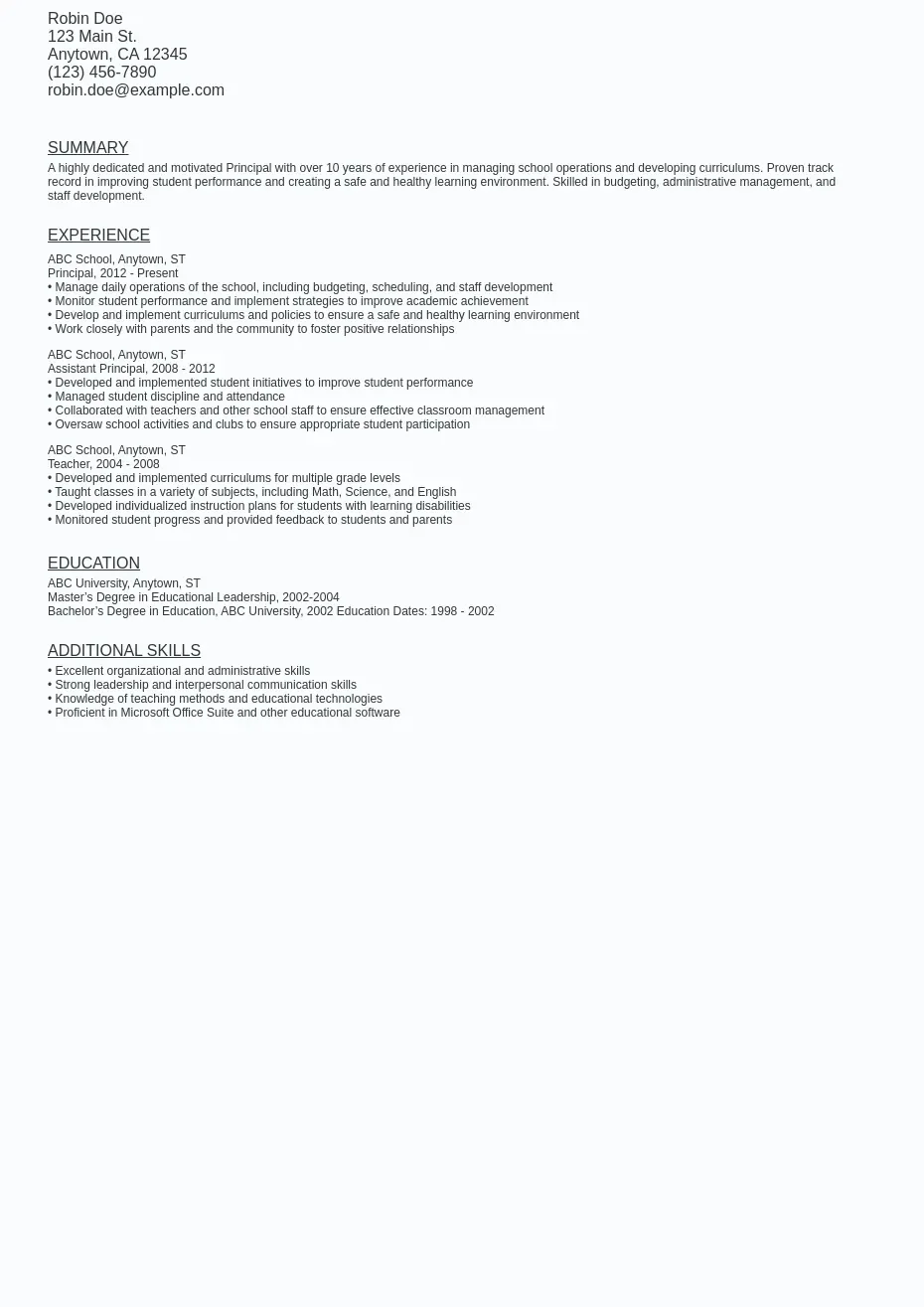 Principal Resume Sample Template (Free Download) - Ziprecruiter