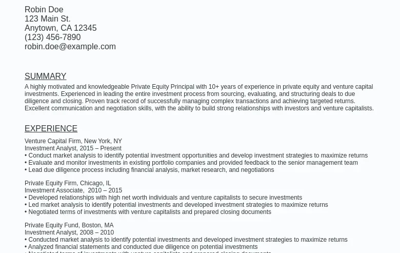 Private Equity Resume