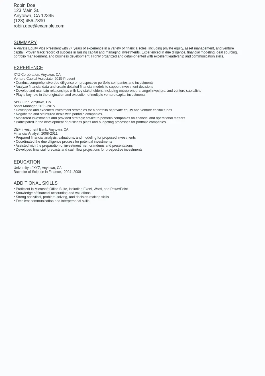 Private Equity Vice President Resume Sample Template (Free) - Ziprecruiter