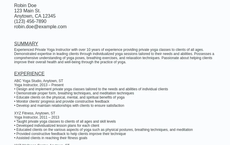 Private Yoga Instructor Resume Sample Template (Free) - Ziprecruiter