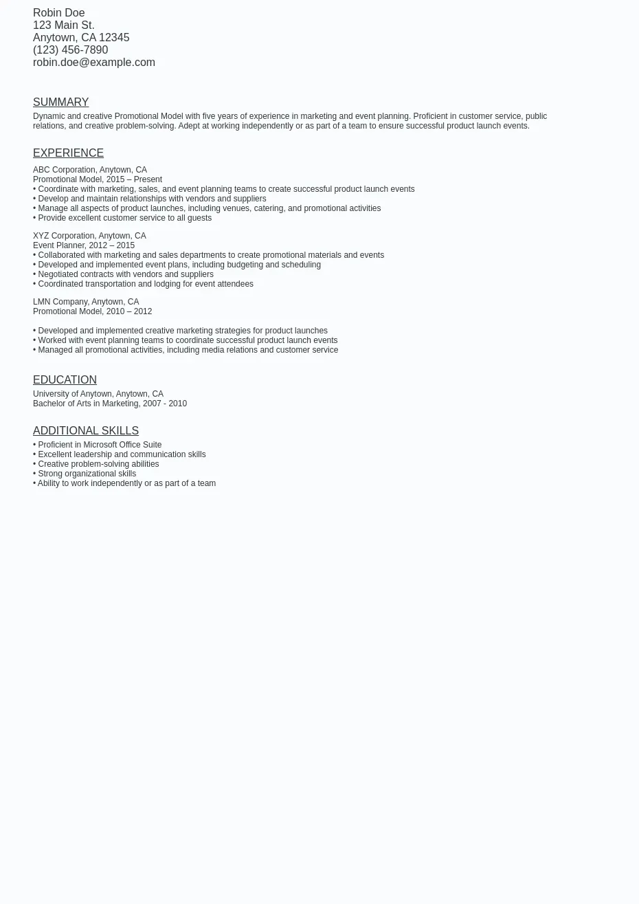 Promotional Model Resume Sample Template (Free Download) - Ziprecruiter