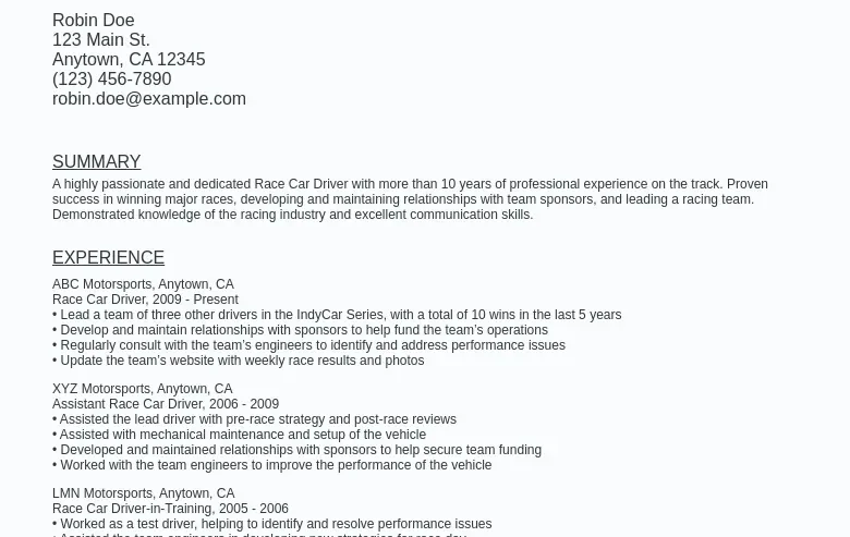 Race Care Driver Resume Sample Template (Free Download) - Ziprecruiter